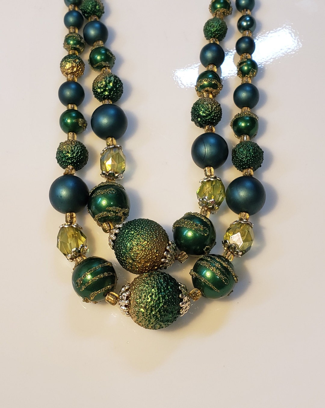 1950s Jade Teal Green Gold Graduated Sugar Beaded Japan Vintage Double ...