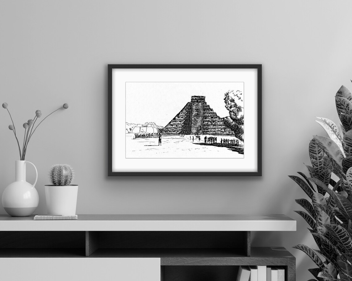 Chichen Itza Ink Drawing, Architecture Art, Art Prints, Wall Art ...