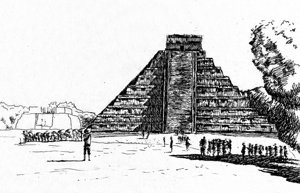 Chichen Itza Ink Drawing, Architecture Art, Art Prints, Wall Art ...