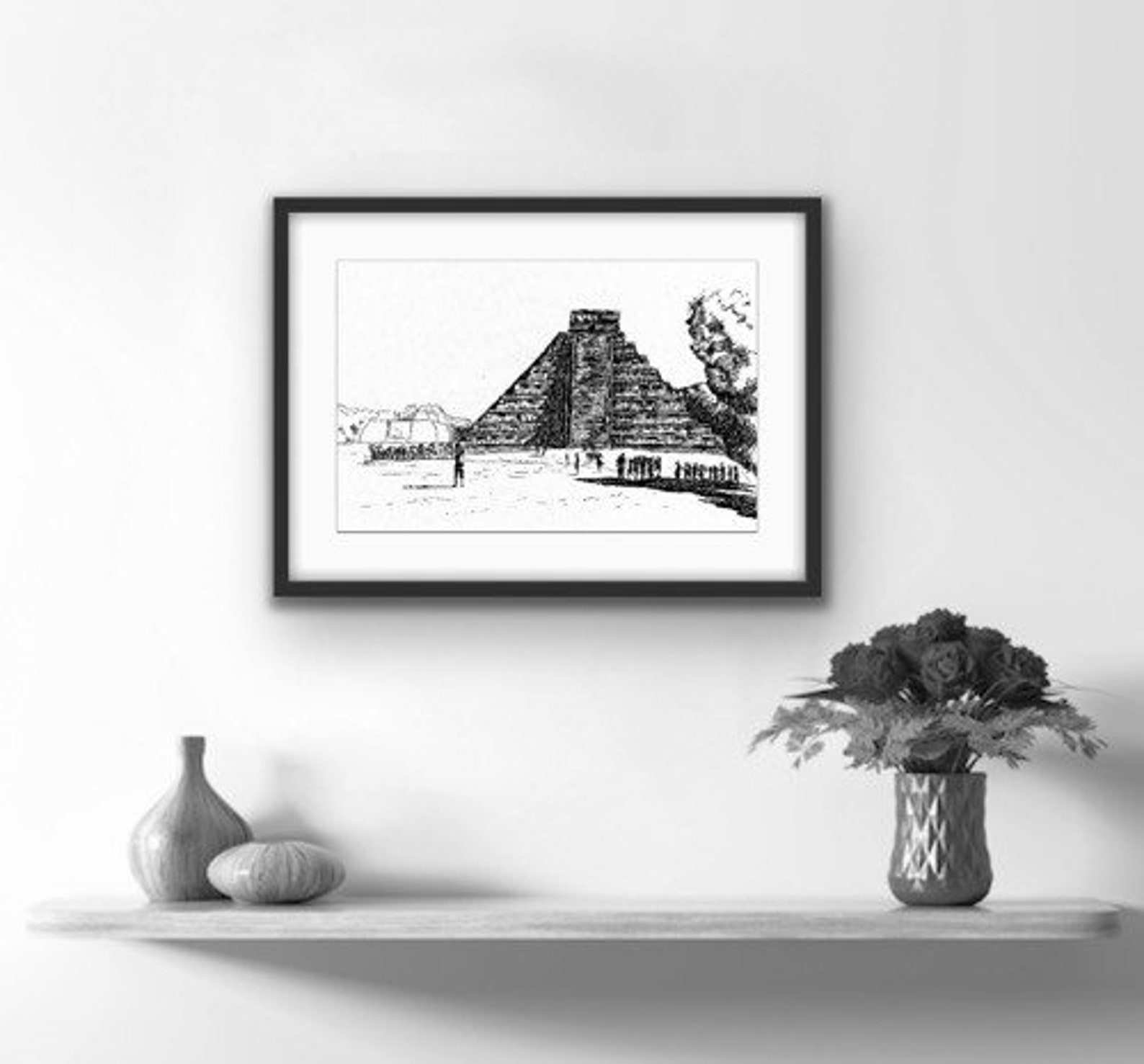 Chichen Itza Ink Drawing, Architecture Art, Art Prints, Wall Art ...