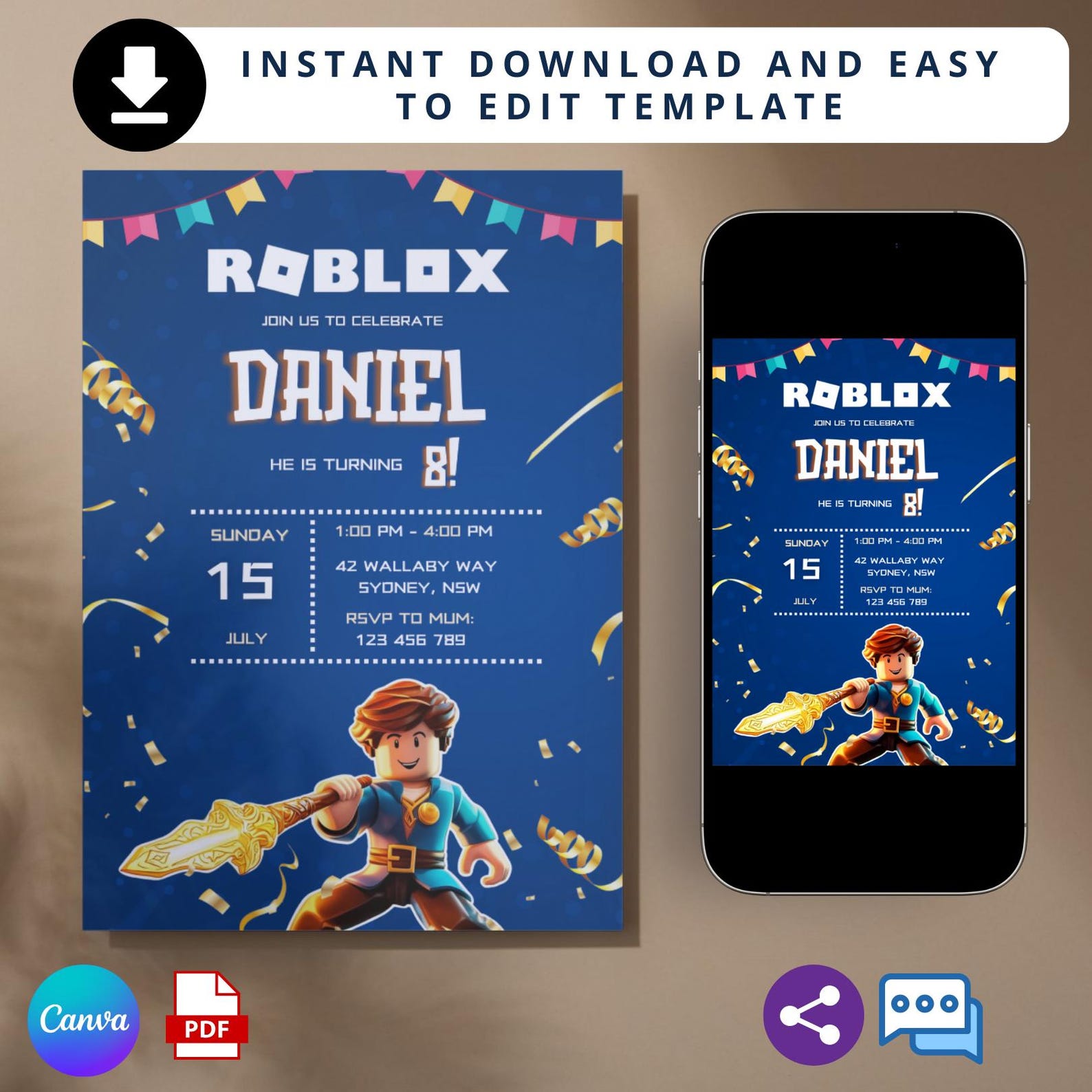 ROBLOX Boy Birthday Invitation Template, Roblox Invite, Kids Roblox ...