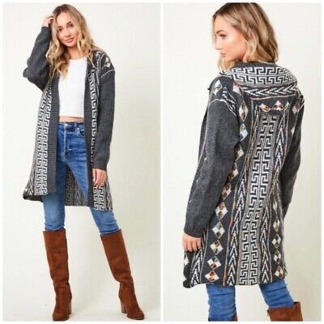 Charcoal Gray Native Cowichan Bohemian Aztec Western Boho Hooded ...