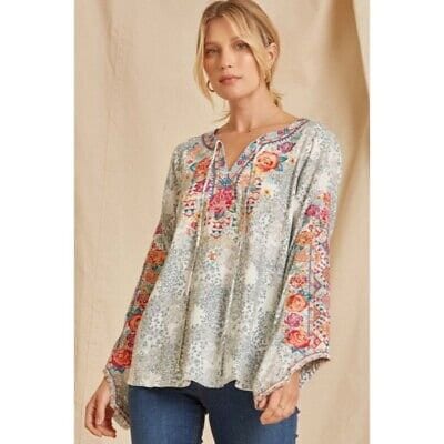 Colorful Boho Floral Embroidered Long Sleeve Tie Woven Blouse Casual ...