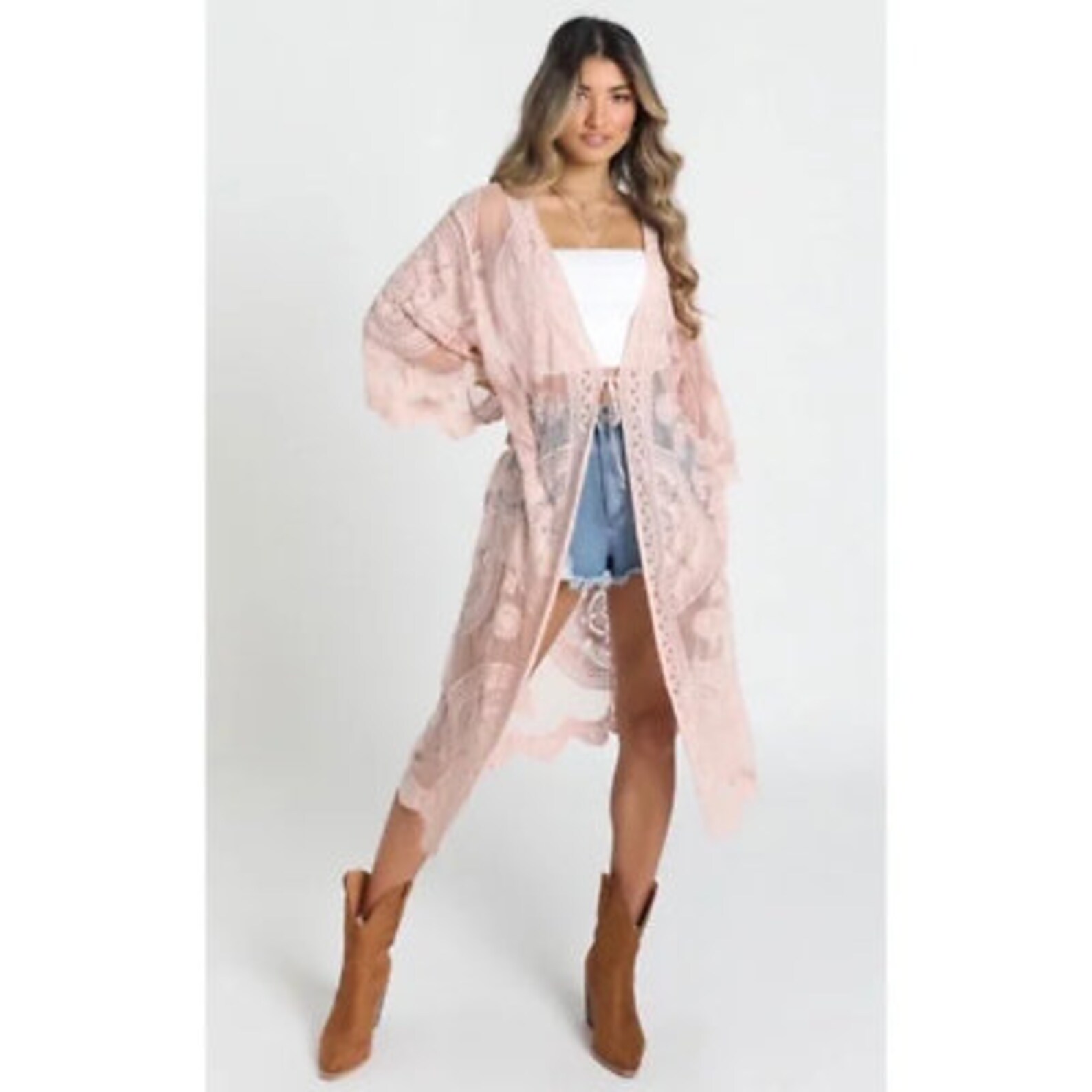 Blush Pink Scalloped Sheer Mesh Lace Maxi Duster Boho Kimono Coverup ...