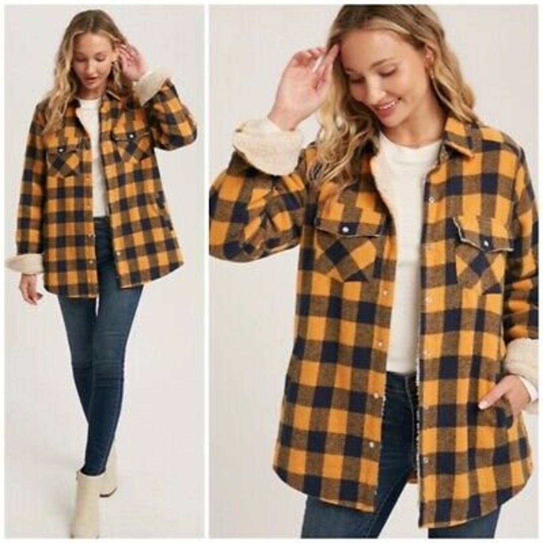 Mustard Yellow Buffalo Plaid Checkered Sherpa Lined Shacket Shirt ...