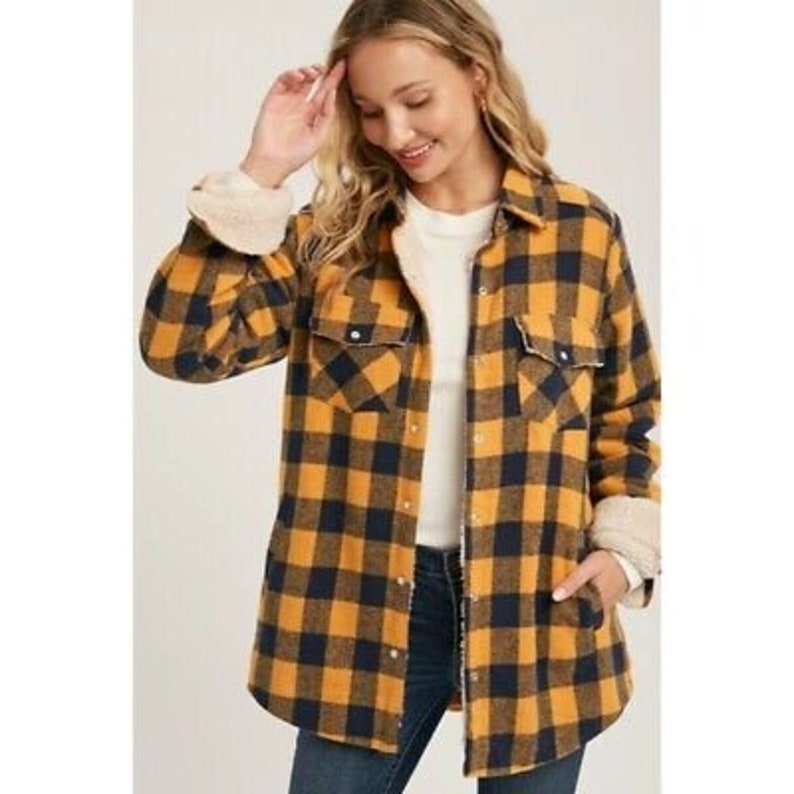 Mustard Yellow Buffalo Plaid Checkered Sherpa Lined Shacket Shirt ...