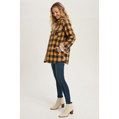 Mustard Yellow Buffalo Plaid Checkered Sherpa Lined Shacket Shirt ...