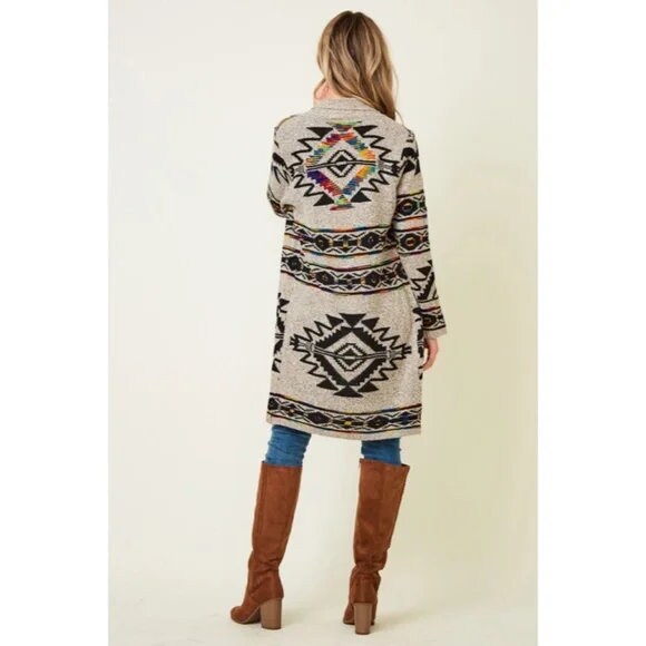 Taupe Multi Color Knit Aztec Tribal Native Western Boho Open Cardigan ...