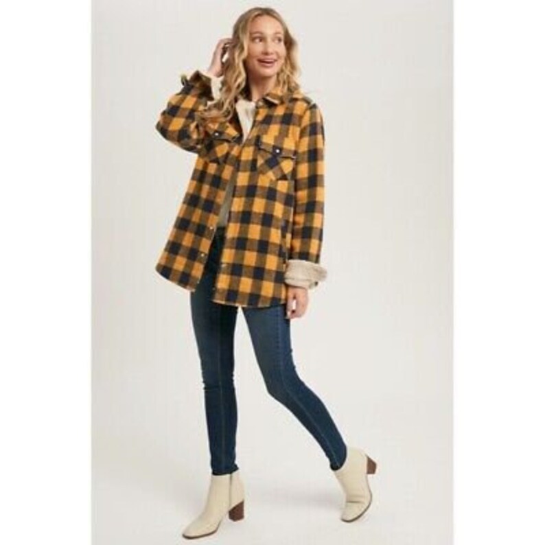 Mustard Yellow Buffalo Plaid Checkered Sherpa Lined Shacket Shirt ...