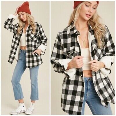 Black & White Buffalo Plaid Checkered Sherpa Lined Shacket - Etsy