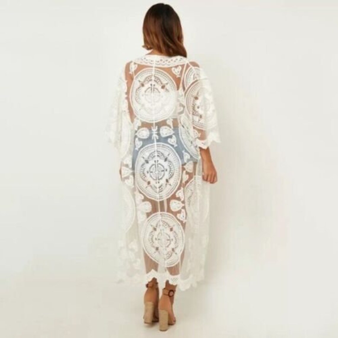 White Scalloped Sheer Mesh Lace Maxi Duster Boho Kimono Coverup Wrap ...
