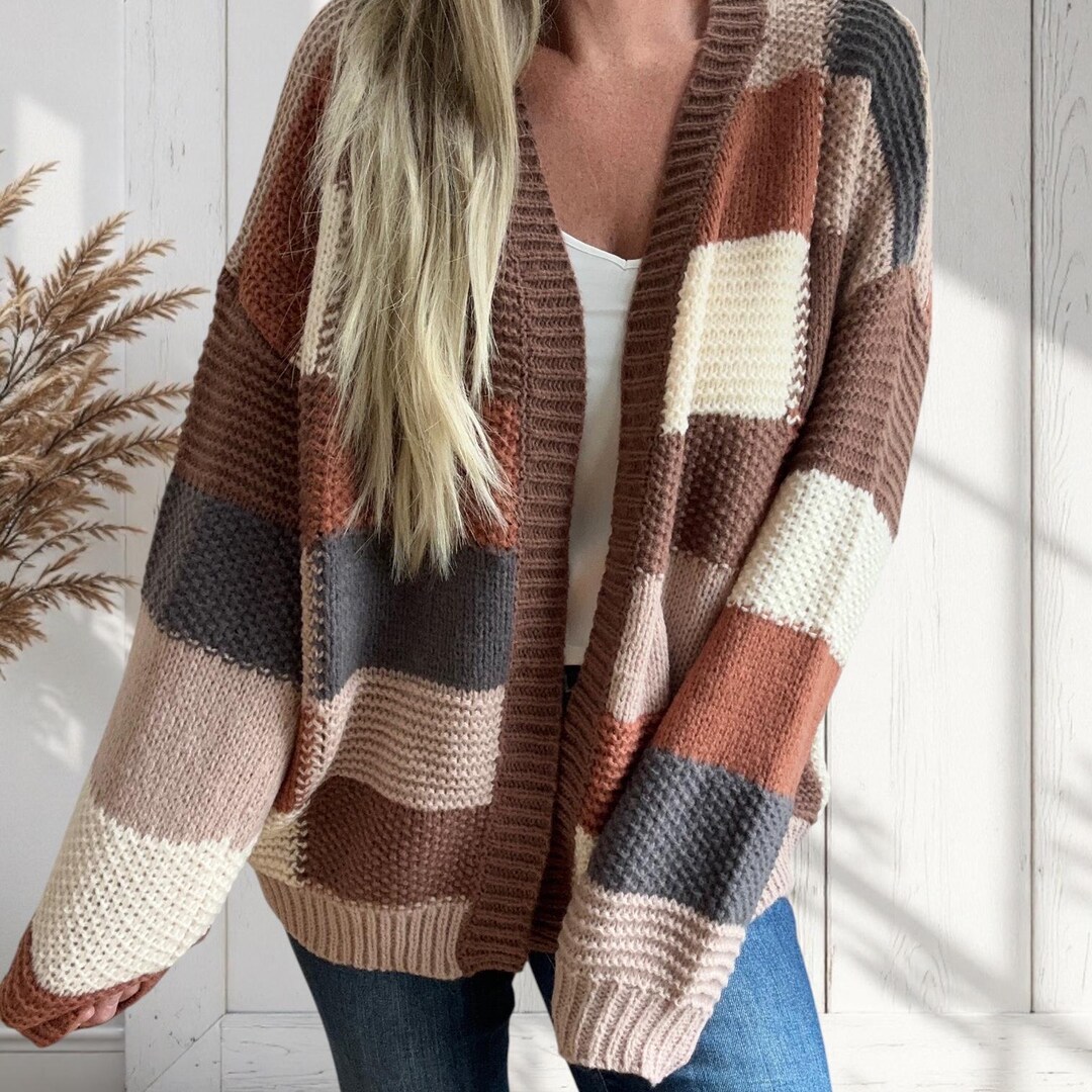 Mocha Brown Combo Checker Block Knit Cardigan Sweater Misses Fall ...