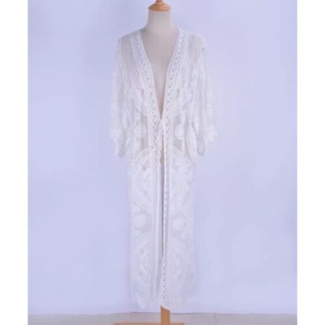 White Scalloped Sheer Mesh Lace Maxi Duster Boho Kimono Coverup Wrap ...