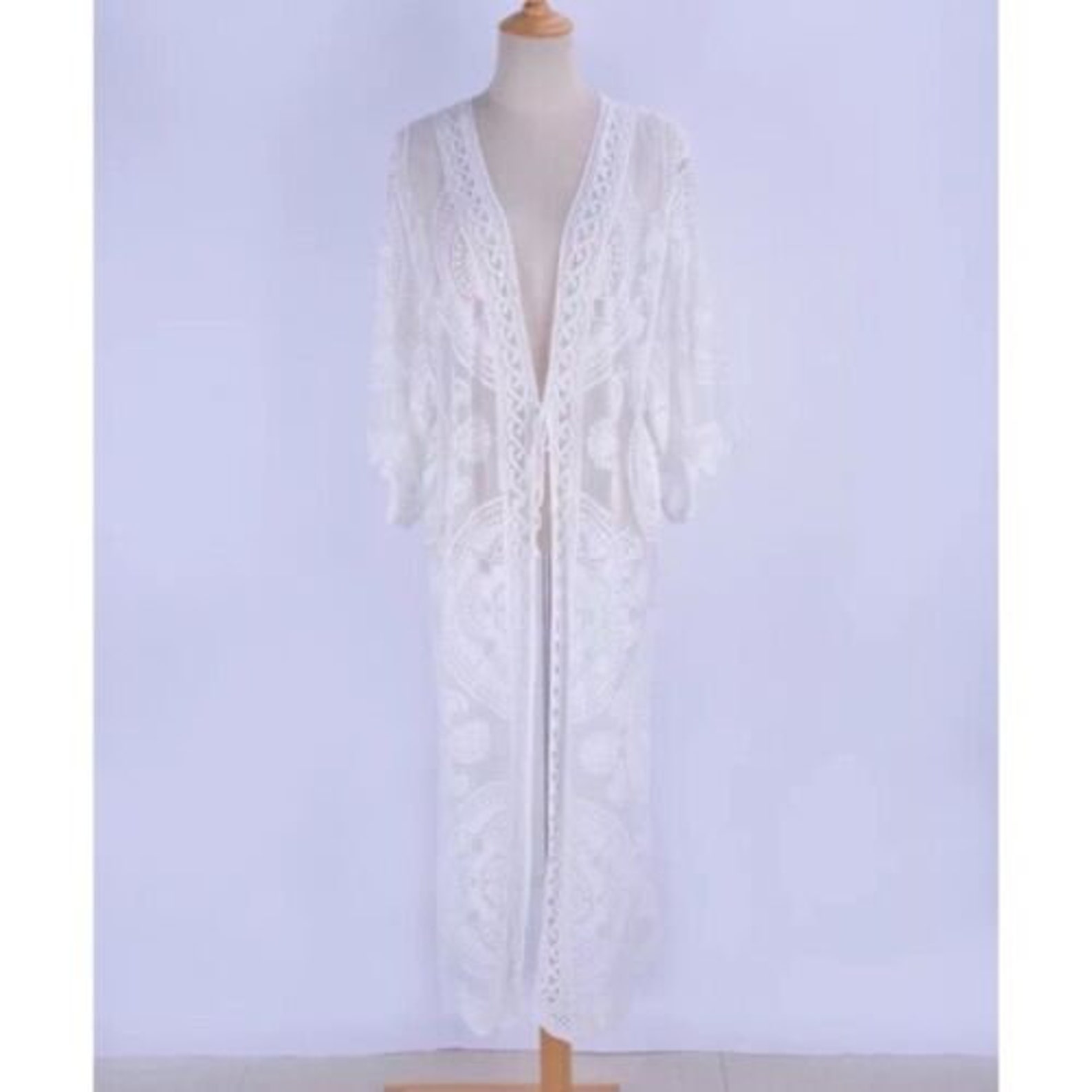 White Scalloped Sheer Mesh Lace Maxi Duster Boho Kimono Coverup Wrap ...