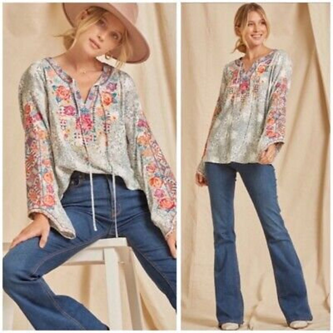 Colorful Boho Floral Embroidered Long Sleeve Tie Woven Blouse Casual ...