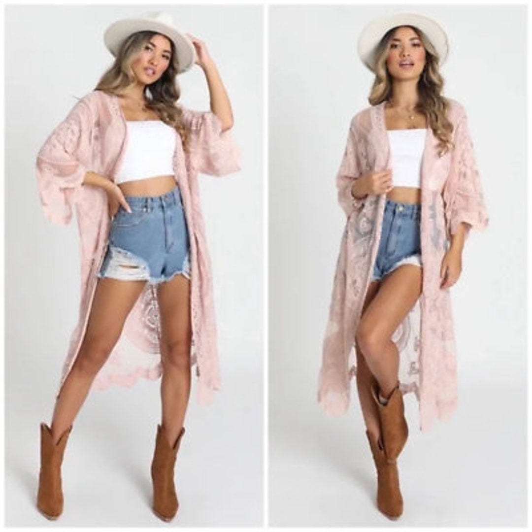 Blush Pink Scalloped Sheer Mesh Lace Maxi Duster Boho Kimono Coverup ...