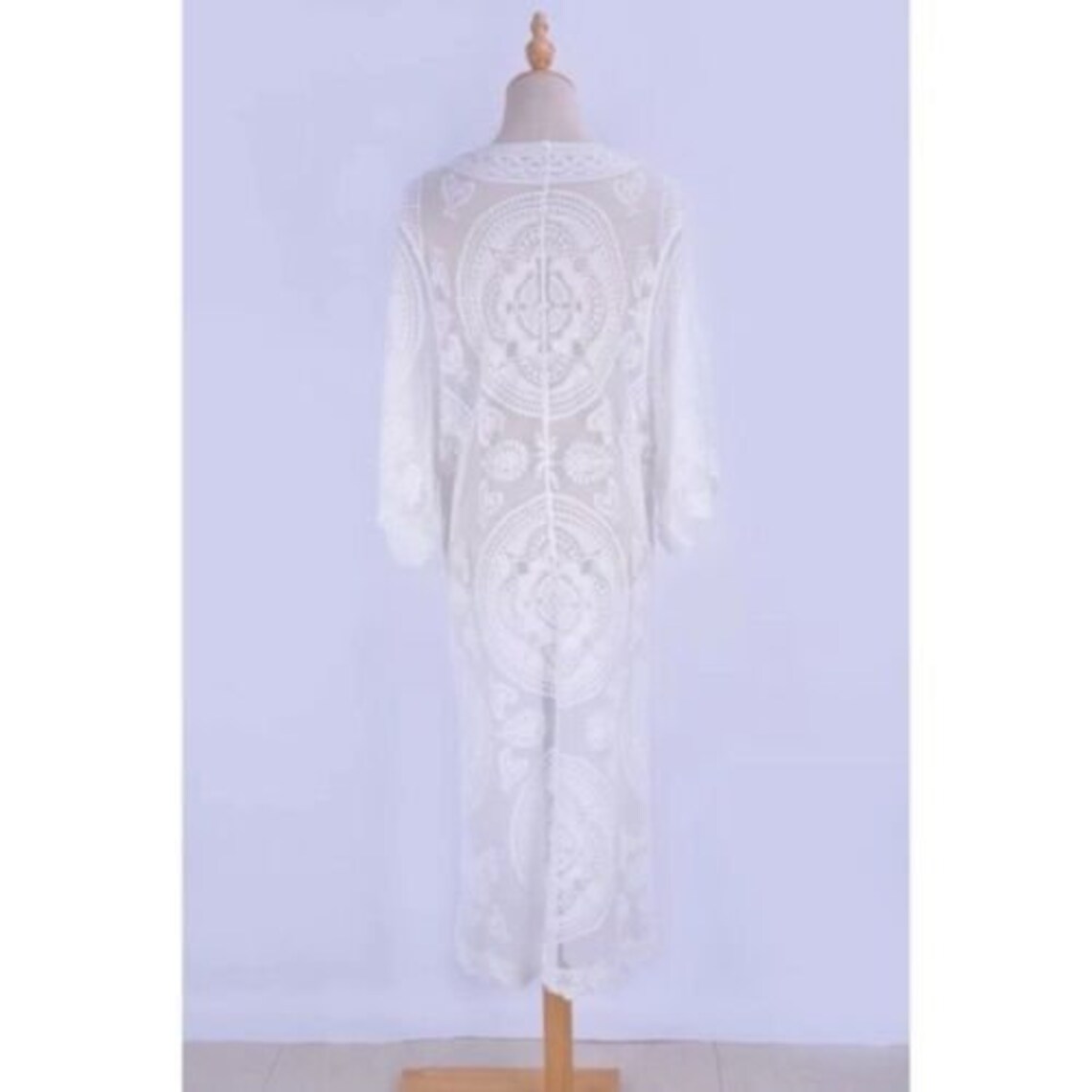 White Scalloped Sheer Mesh Lace Maxi Duster Boho Kimono Coverup Wrap ...