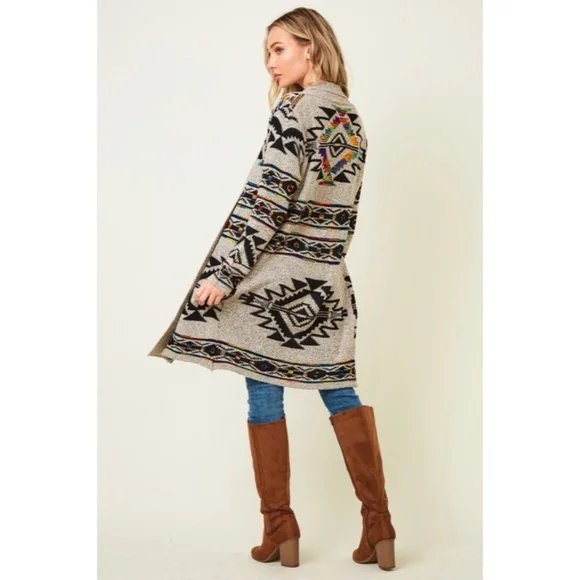 Taupe Multi Color Knit Aztec Tribal Native Western Boho Open Cardigan ...