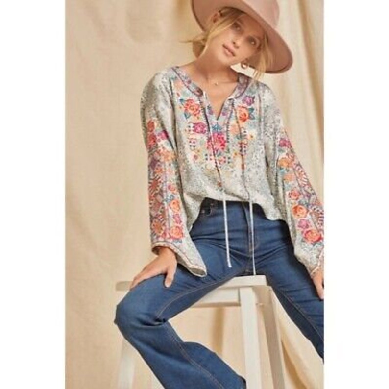 Colorful Boho Floral Embroidered Long Sleeve Tie Woven Blouse Casual ...