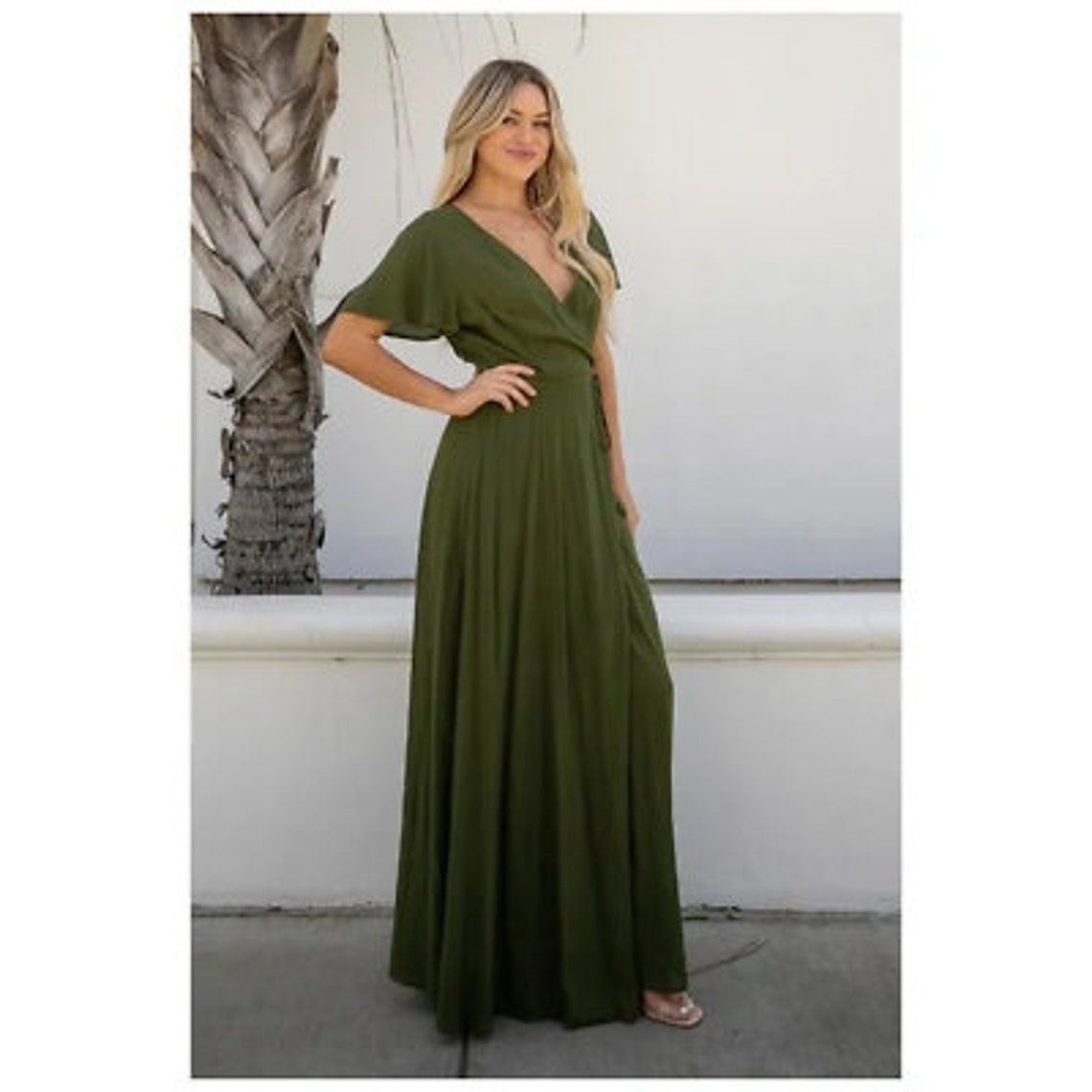 Olive Green Solid Short Flutter Sleeve Wrap Spring Maxi Full Length ...