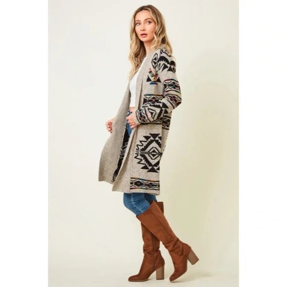 Taupe Multi Color Knit Aztec Tribal Native Western Boho Open Cardigan ...