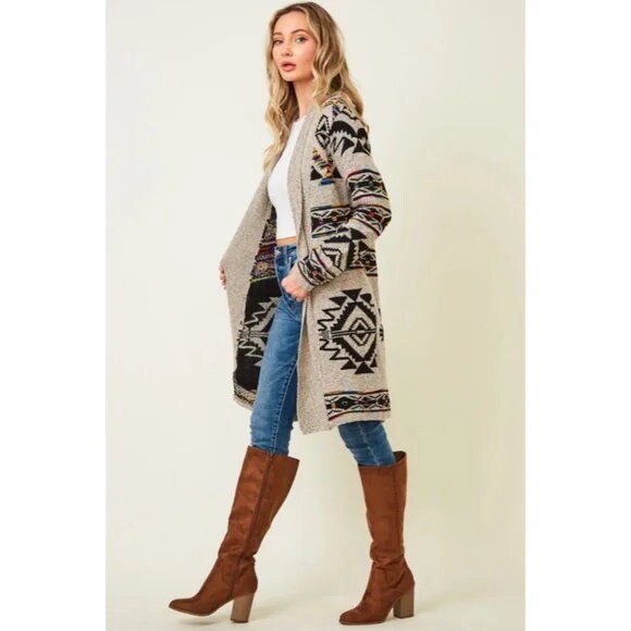 Taupe Multi Color Knit Aztec Tribal Native Western Boho Open Cardigan ...