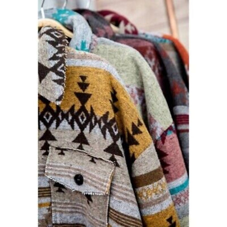 Gray Combo Aztec Tribal Native Western Button up Shacket Flannel Shirt Jacket Women's Casual ...