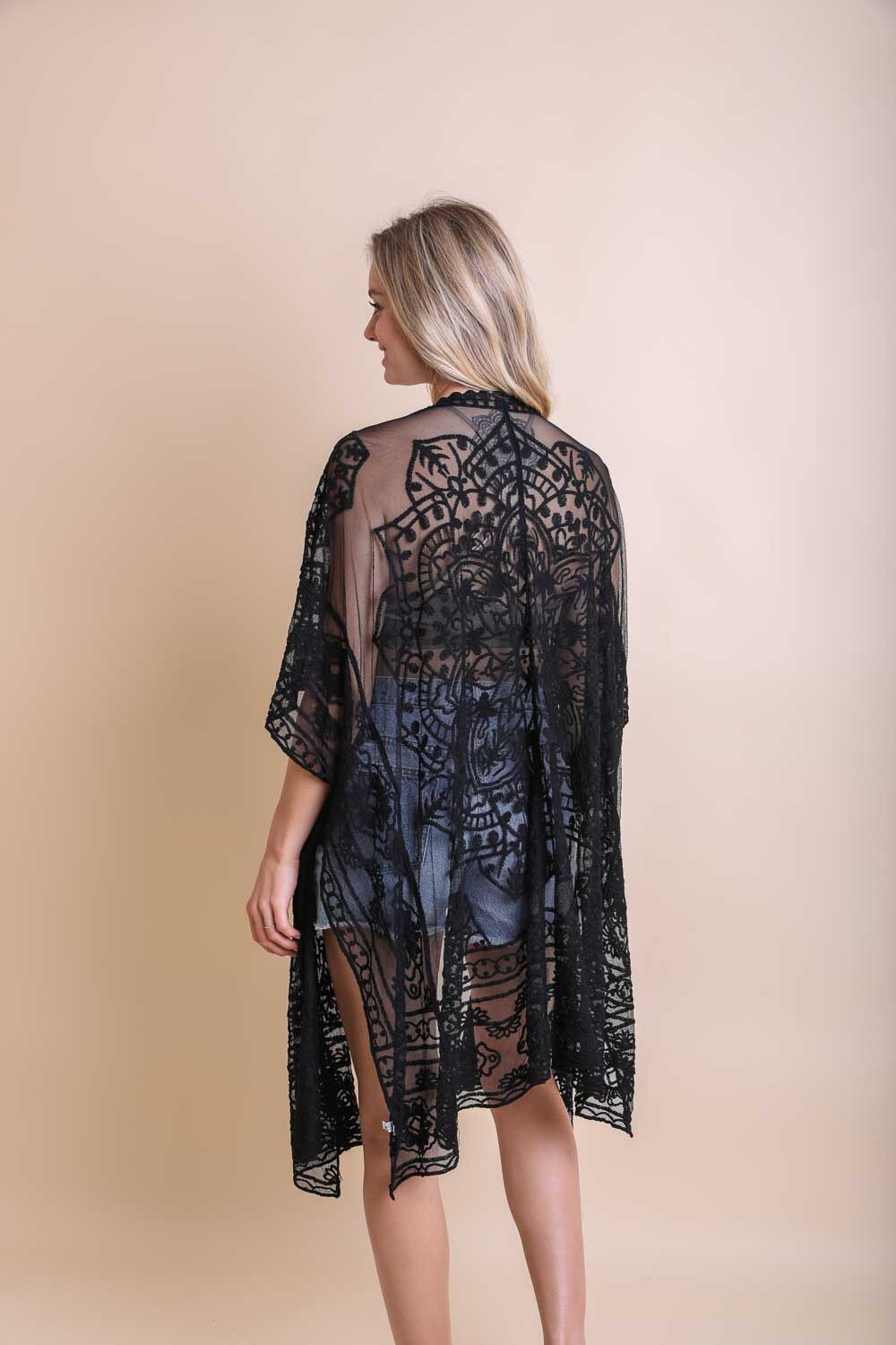 Black Sheer Floral Lace Mandala Embroidered Mesh Kimono Open Wrap Top ...