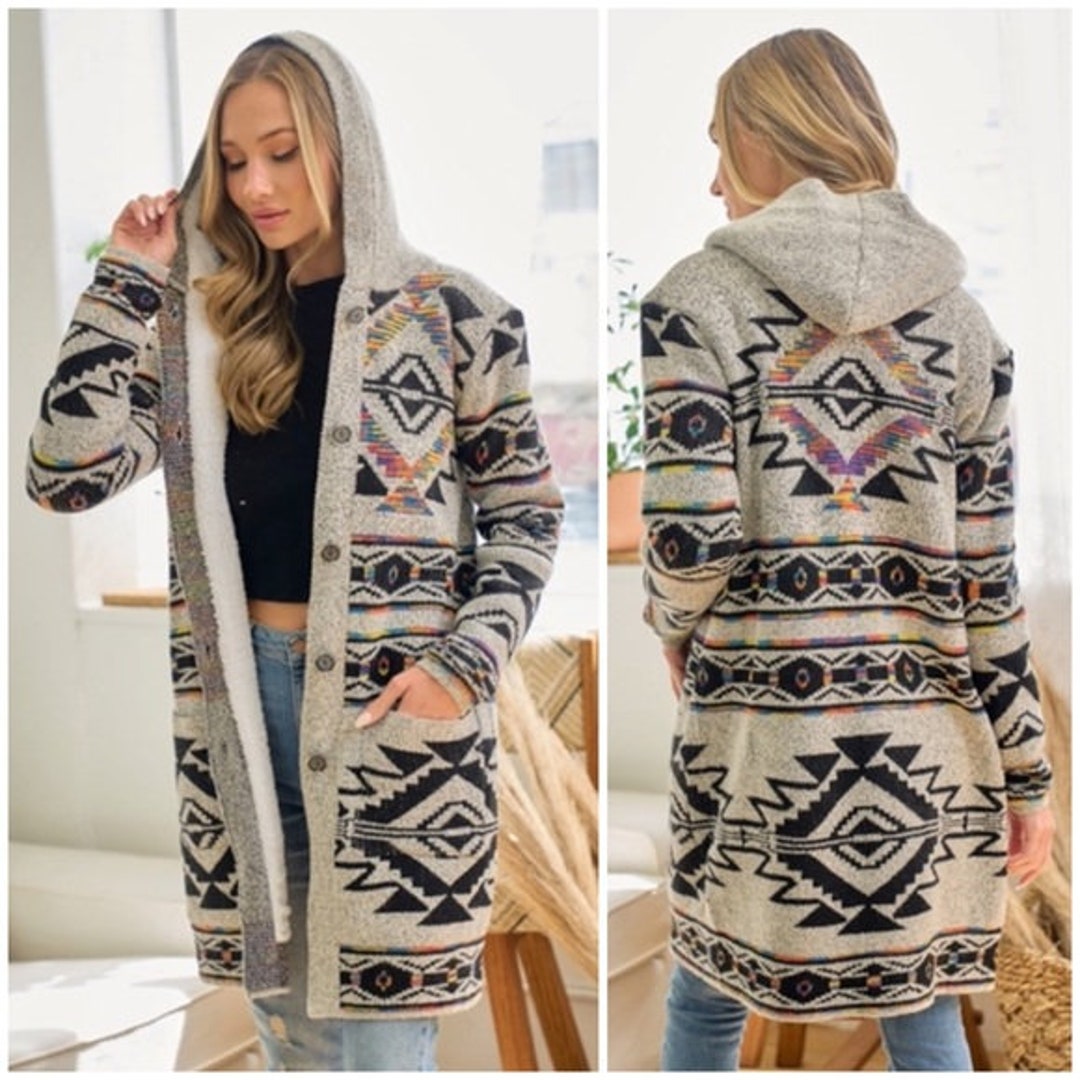 Oatmeal Rainbow Aztec Sherpa Lined Knit Button Hooded Cardigan W ...
