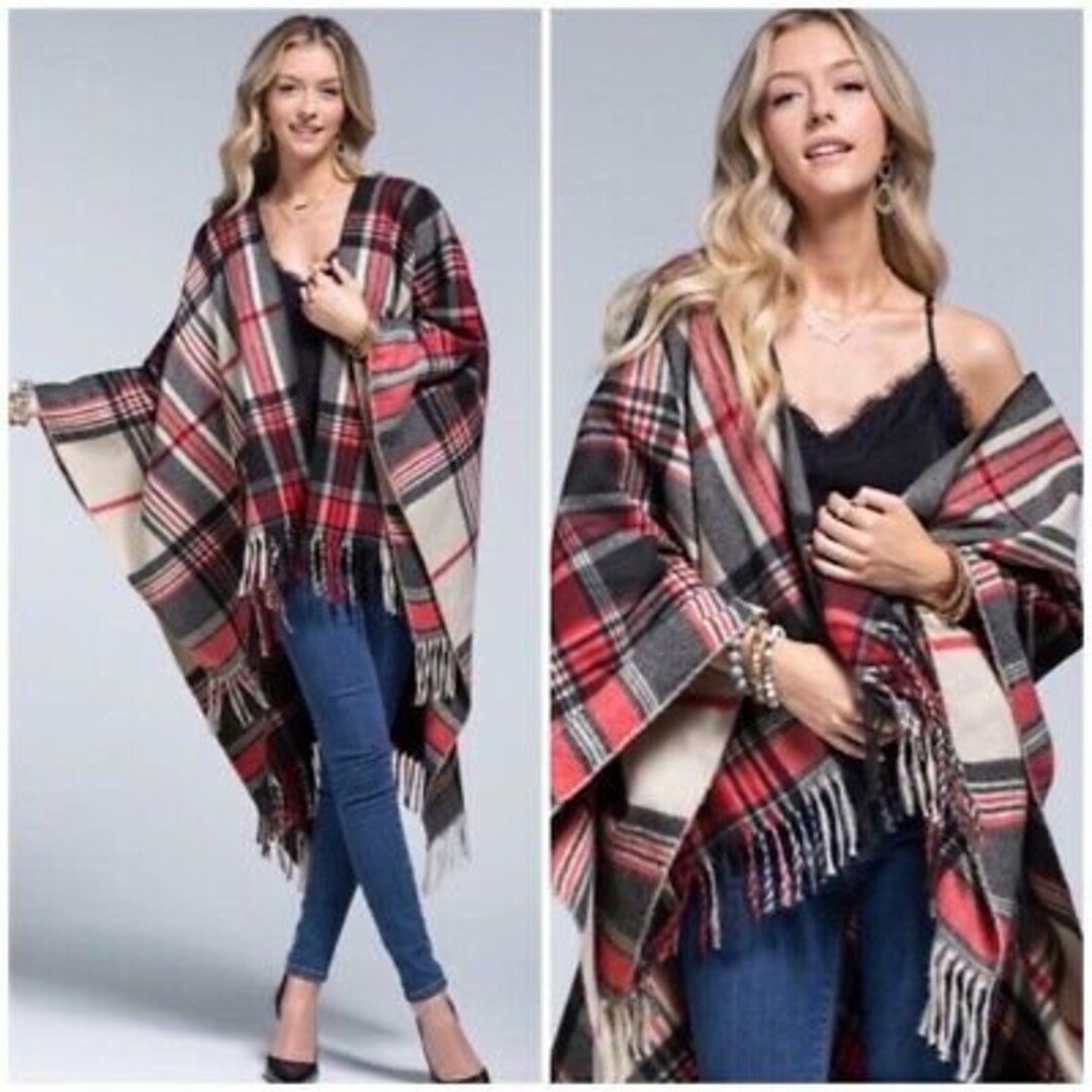 Scarlet Red Holiday Plaid Fringe Accent Knit Fall Winter Ruana Wrap Open Poncho Women's Casual ...