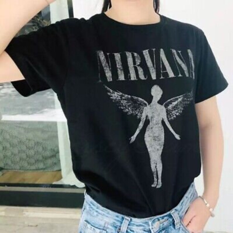 90's Black Nirvana Angel Utero Tour Concert Band Graphic Vintage Tee T-shirt Short Sleeve Casual ...