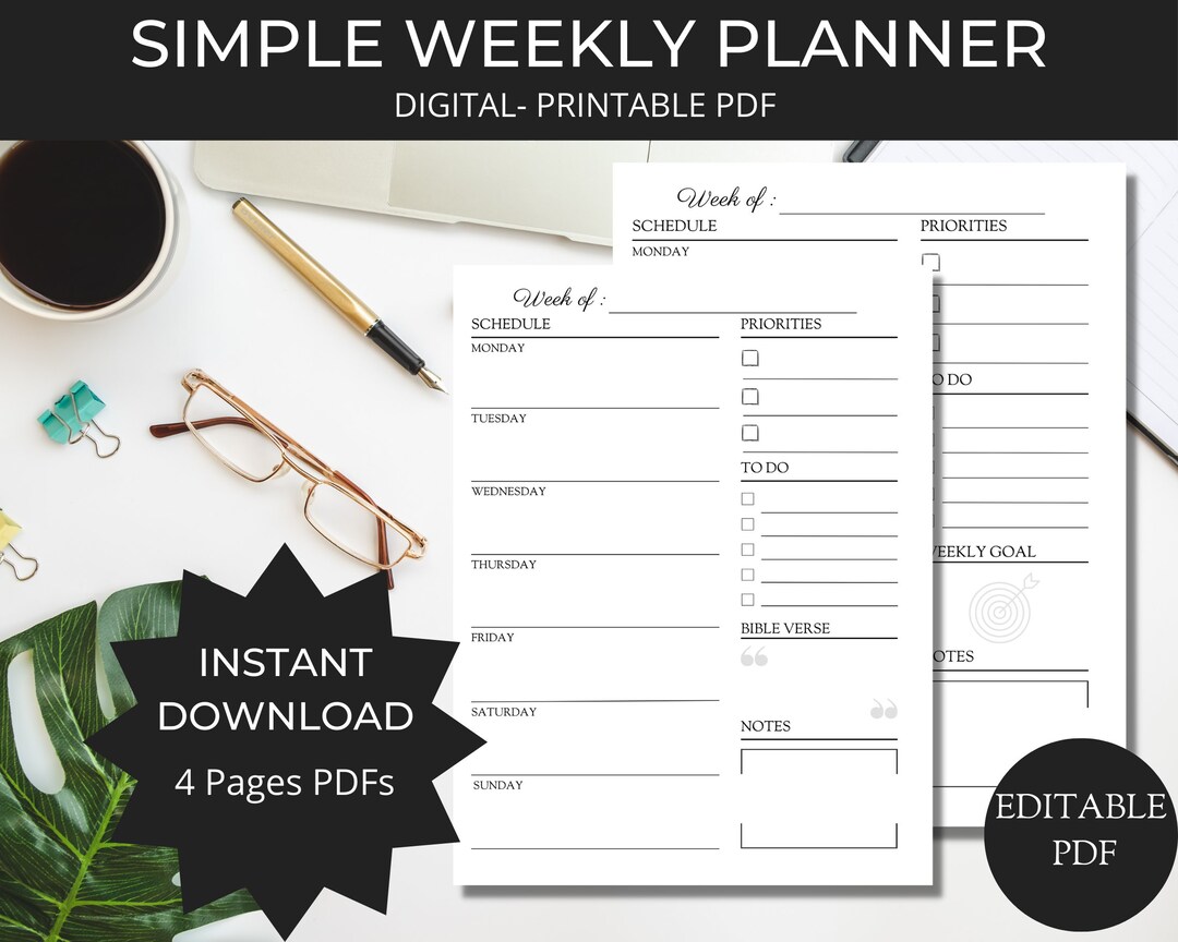 Simple Weekly Planner | Printable Weekly Planner | Digital Weekly ...