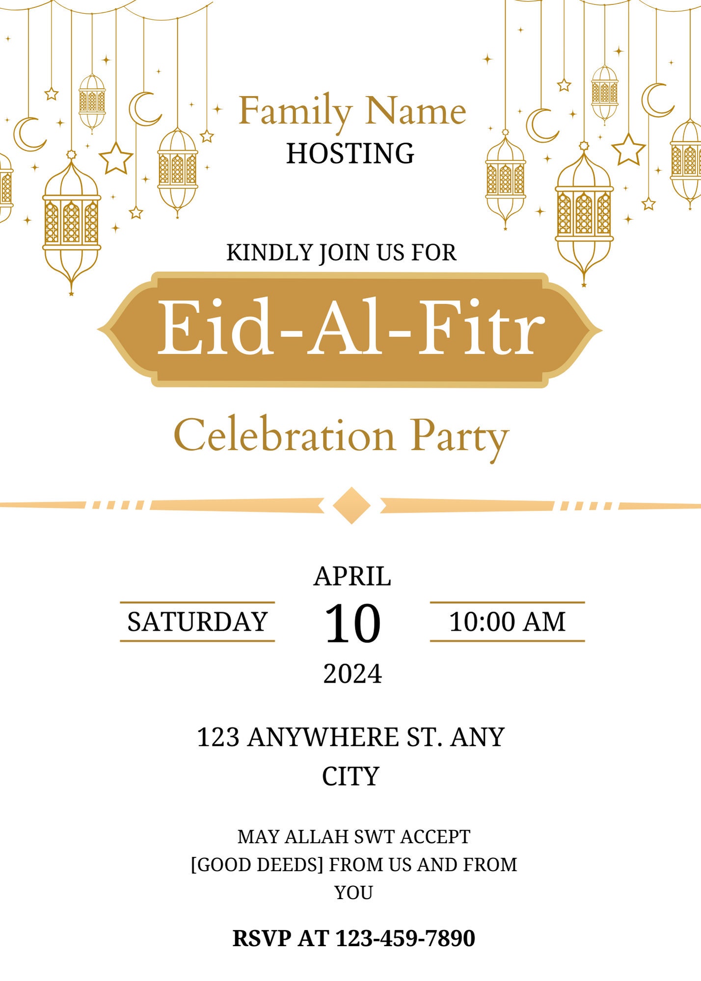 Elegant Eid-al-fitr Party Invitation, Ramadan Celebration Invite, Eid Dinner Party, Printable ...