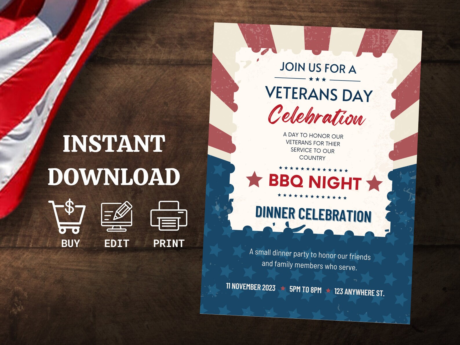 Editable Veterans Day BBQ Night Canva Template, Celebrate Veterans Day ...