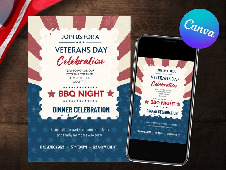 Editable Veterans Day BBQ Night Canva Template, Celebrate Veterans Day, November 11th, Canva ...