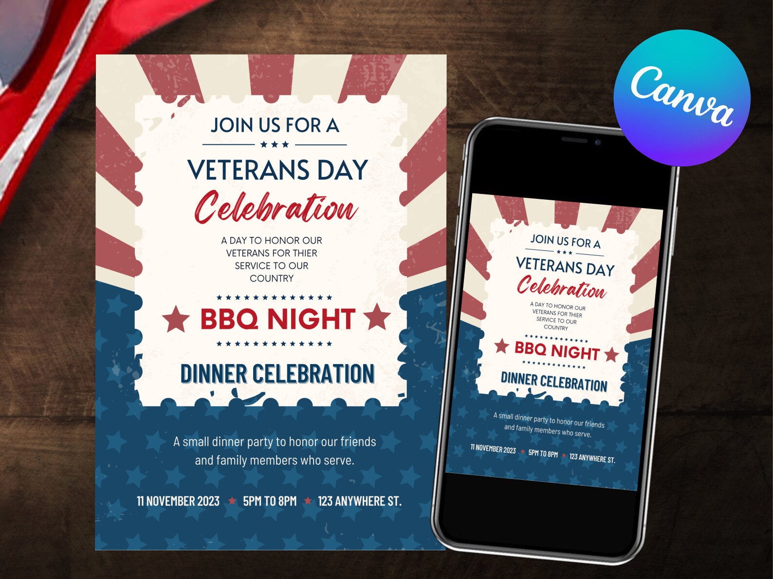 Editable Veterans Day BBQ Night Canva Template, Celebrate Veterans Day ...