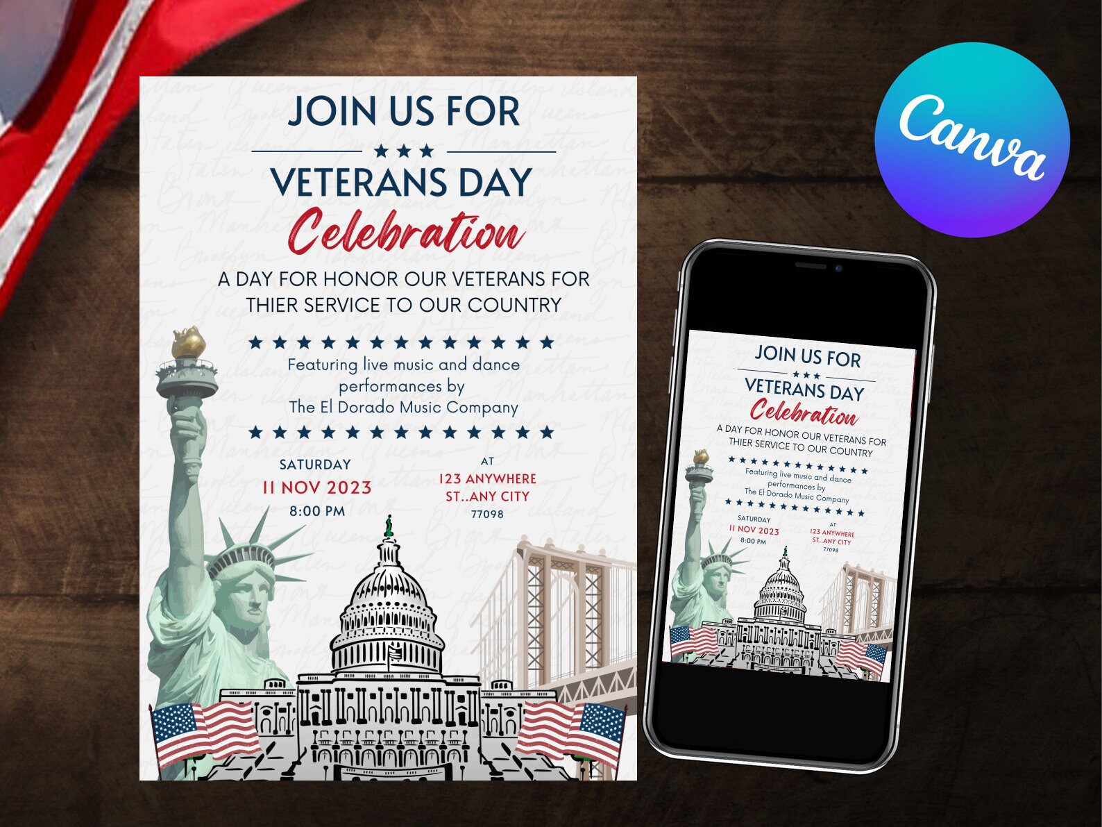 Editable Veterans Day Canva Template, Celebrate Veterans Day, 5x7 ...