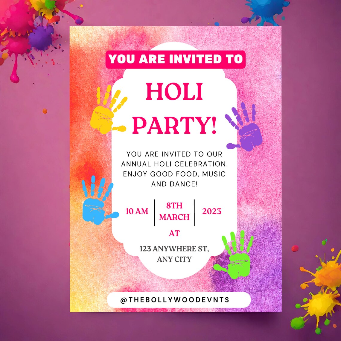 Holi Party Invitation, Festival of Love, Holi Party Invite, Holi ...