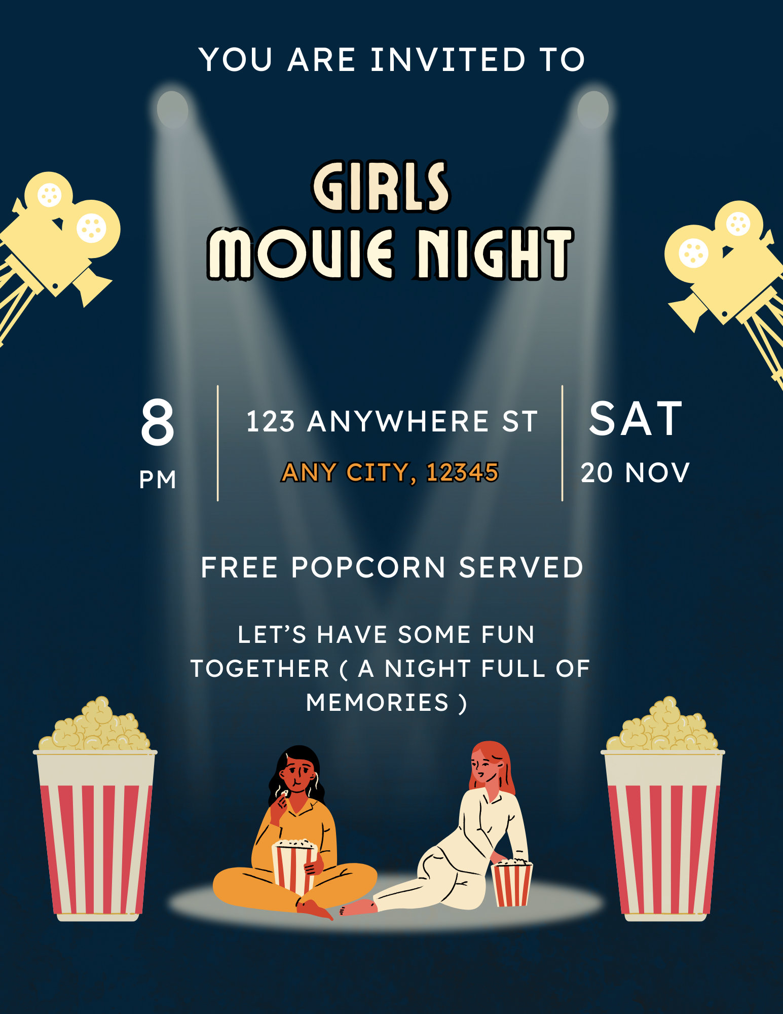 Editable Girls Movie Night Invitation Template, Movie Night Invitation ...
