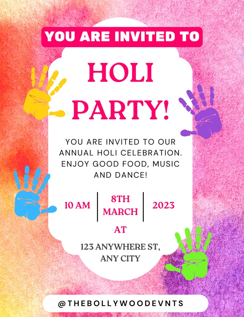Holi Party Invitation, Festival of Love, Holi Party Invite, Holi ...