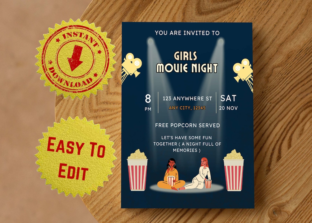 Editable Girls Movie Night Invitation Template, Movie Night Invitation ...