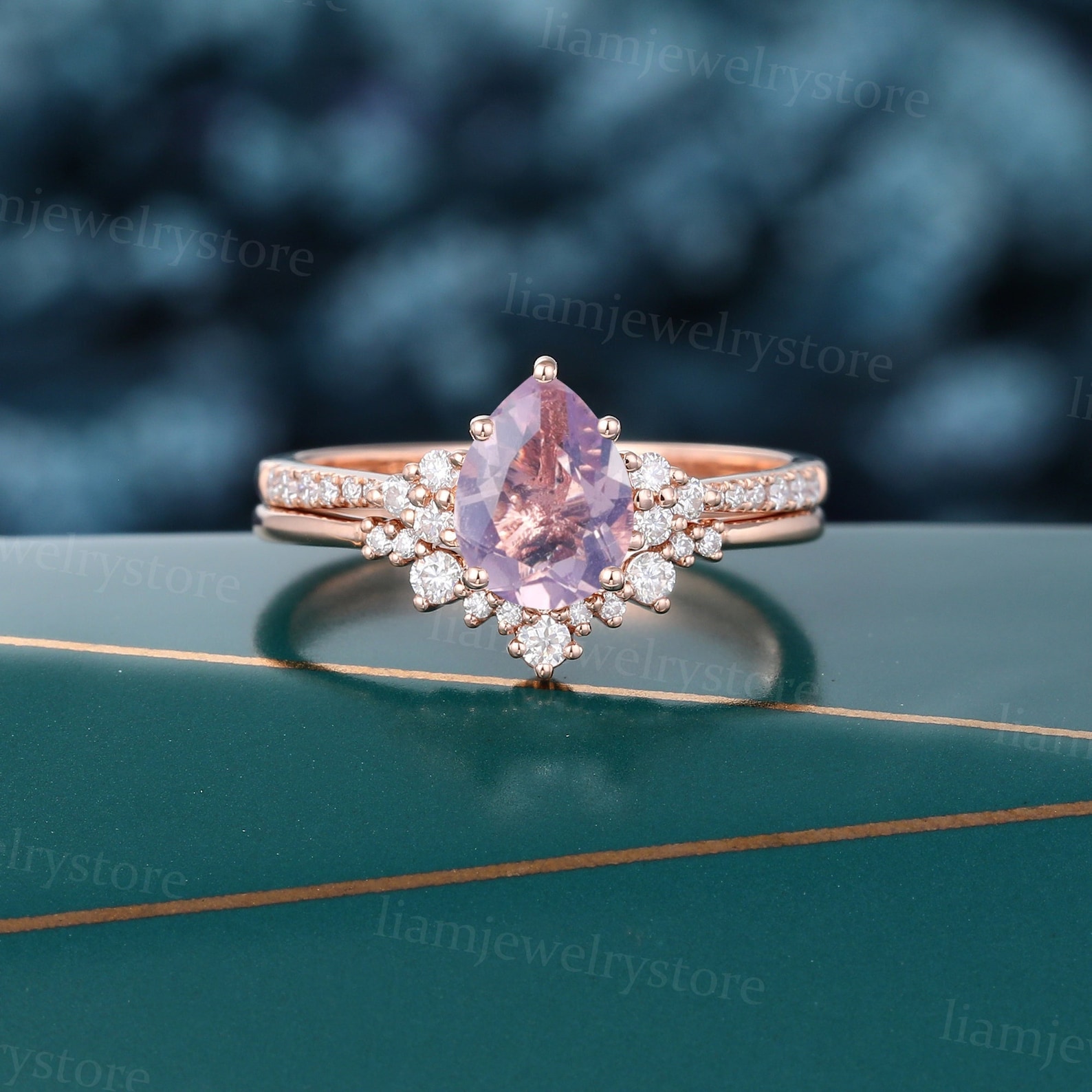 Pear Shaped Amethyst Engagement Ring Set Unique Rose Gold Ring Vintage ...