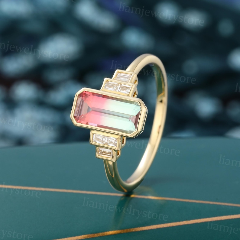 Unique Emerald Cut Watermelon Tourmaline Engagement Ring Vintage Yellow ...