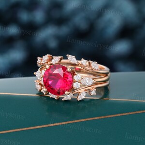 Vintage Lab Ruby Engagement Ring Set Unique Rose Gold Engagement Ring ...