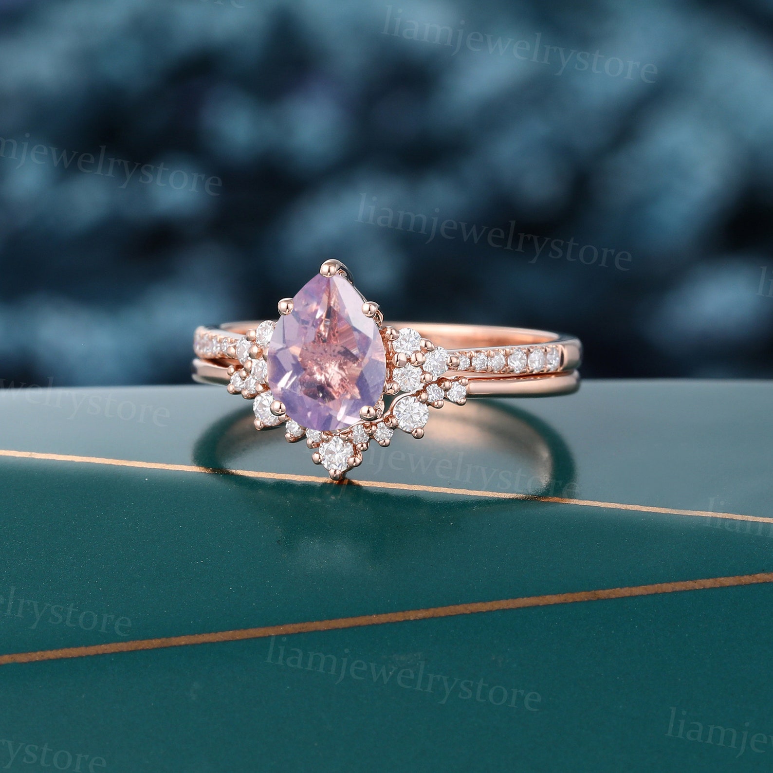 Pear Shaped Amethyst Engagement Ring Set Unique Rose Gold Ring Vintage ...