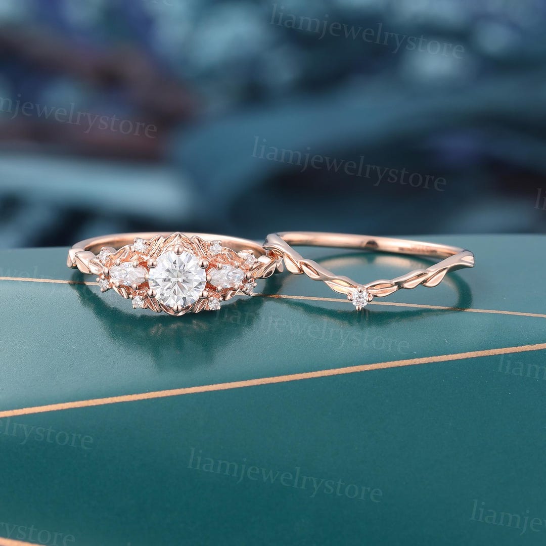Dainty Moissanite Engagement Ring Set Unique Rose Gold Wedding Ring ...