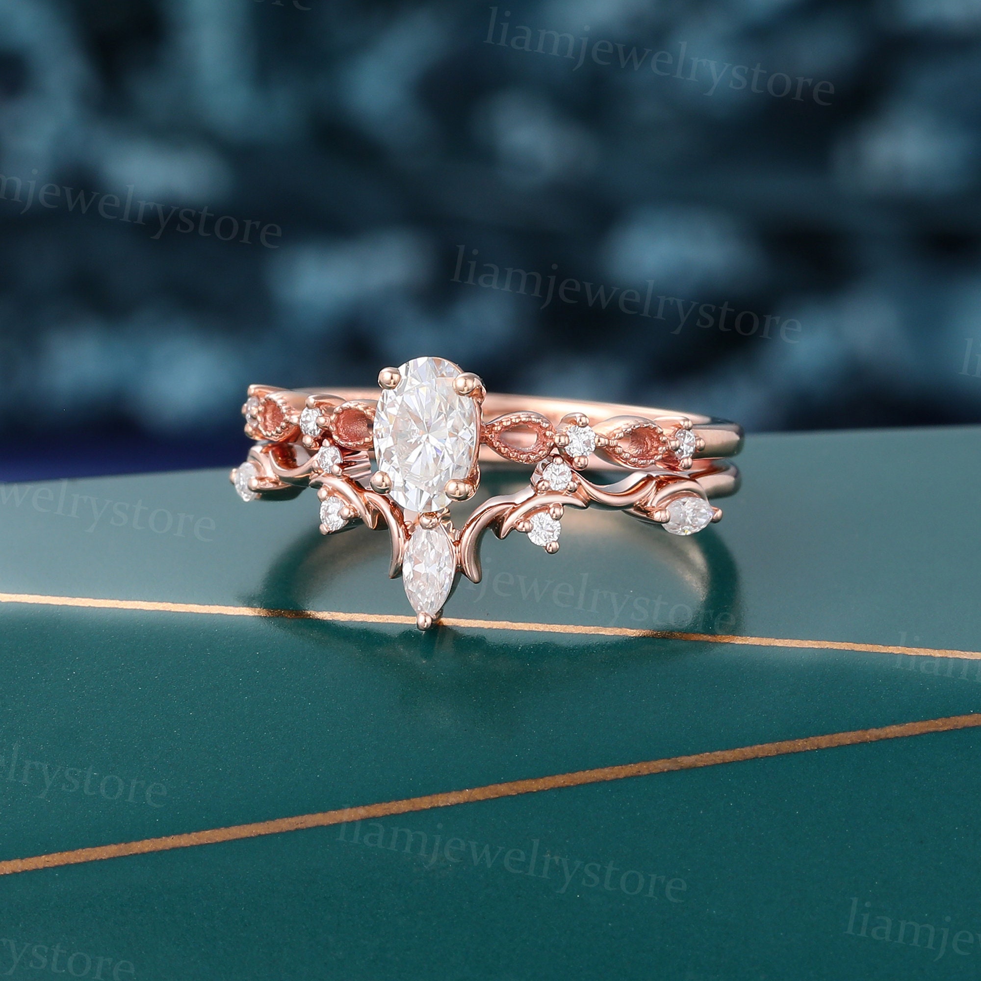 Oval Cut Moissanite Engagement Ring Set Unique Rose Gold - Etsy
