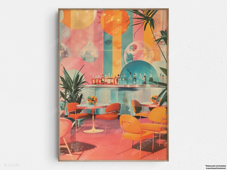 Colorful Cocktail Bar Original Mid-century Modern Minimalist Wall Art ...