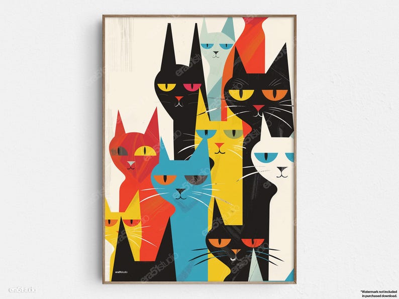 Retro Cats - Original Mid-century Modern Minimalist Wall Art ...