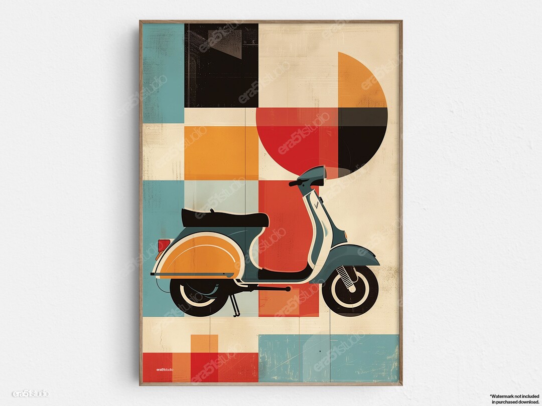 Retro Vespa Illustration - Original Mid-century Modern Minimalist Wall ...
